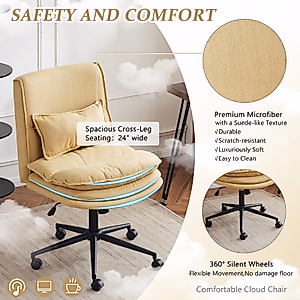 Bonnlo Criss Cross Chair with Wheels,18” Height Adjustable Full Back, Comfy Wide Armless Office Desk Chair,Swivel Cute Vanity Home Chair, Home Chair for Make up,Living Room, Fabric,Yellow