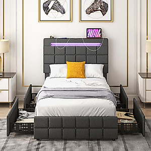 Giantex Twin Bed Frame with LED Lights and 4 Drawers, Upholstered Platform Bed Frame with USB Ports, Tufted Adjustable Headboard Design, Solid Wooden Slat Support, No Box Spring Needed