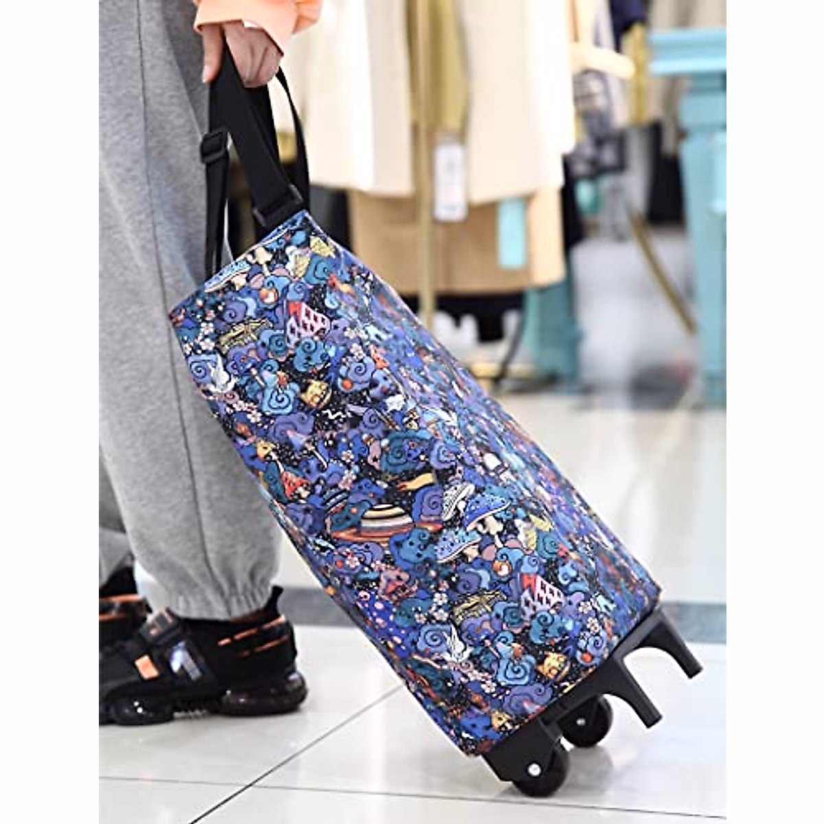 Falytemow Foldable Shopping Bag with Wheels Oxford Trolley Bag for Groceries (Seasoning)