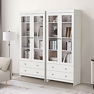 YIGOBUY White Bookcase with Glass Doors Tall Display Cabinet Wooden Bookshelf Organizer for Home Bedroom, Living Room, Office, Library with Doors, White Freestanding Kitchen Pantry