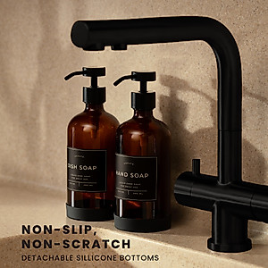 Verute 16oz Glass Soap Dispenser with Stainless Steel Pump, 21 Waterproof Labels, Non-Slip Protective Silicone Pad, Set of 2 for Bathroom & Kitchen (Amber Bottle/Black Pump)