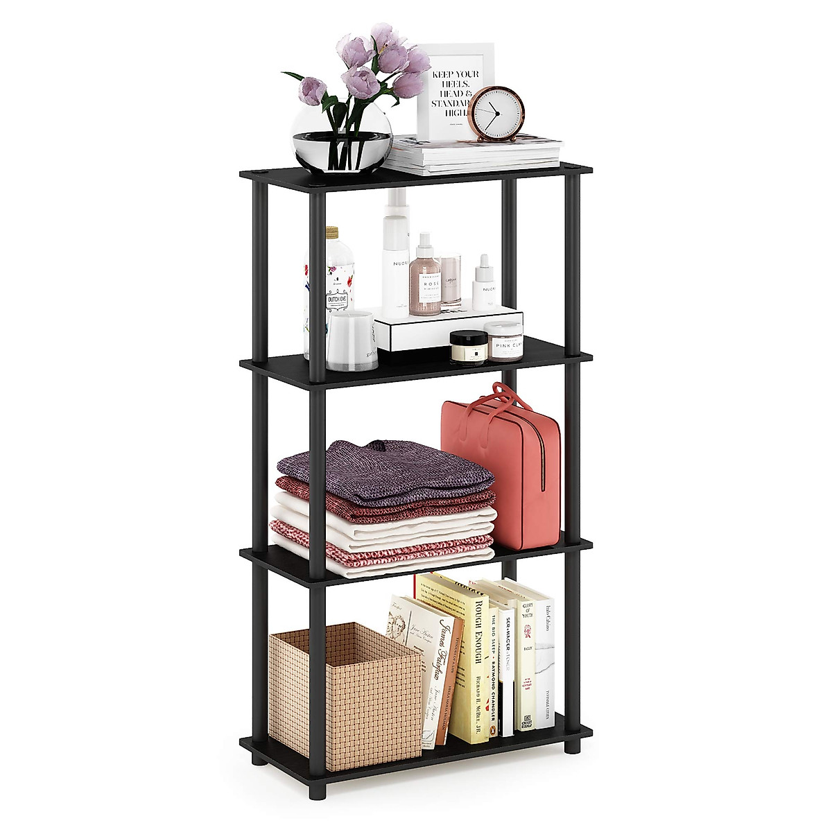 Furinno Turn-N-Tube 4-Tier Multipurpose Shelf Display Rack, Round Tubes, Americano/Black
