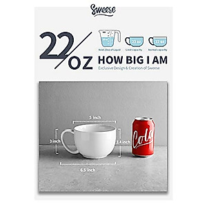 Sweese Porcelain 22oz Large Coffee Mugs Set of 4 - Soup Mug with Handles - Perfect for Hot Chocolate - Microwave Safe - White