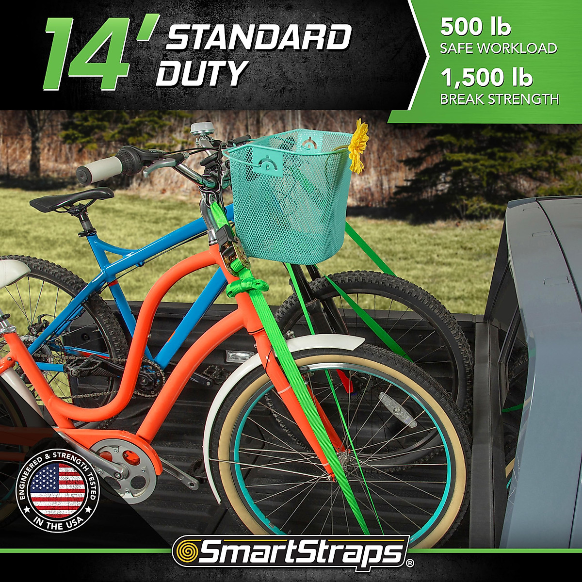 SmartStraps 14’ Padded Ratchet Tie Down, 4 Pack — Standard Duty Tie-Down Straps — 1,500lb Break Strength, 500lb Safe Work Load — Haul Dirt Bikes, ATVs, and Mowers