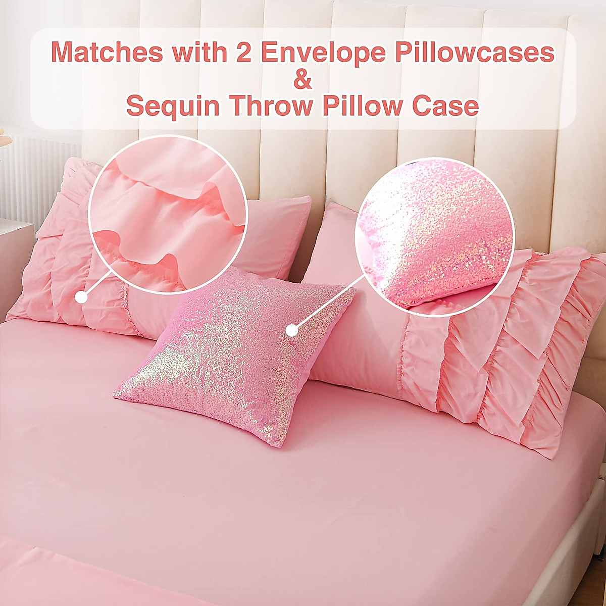 A Nice Night Waterfall Flutter Ruffle Comforter Set,Ruffled Textured Soft Chic Princess 6pcs Bedding Set,with Bling Shiny Sequin Throw Pillow Case,Pink,Twin