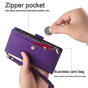 Antsturdy for iPhone 13 (6.1") Zipper Wallet Case,Luxury PU Leather with Handbag Wrist Strap Folio Flip Cover [RFID Blocking] Credit Card Slot Card Holder [Kickstand Function] Women Purple