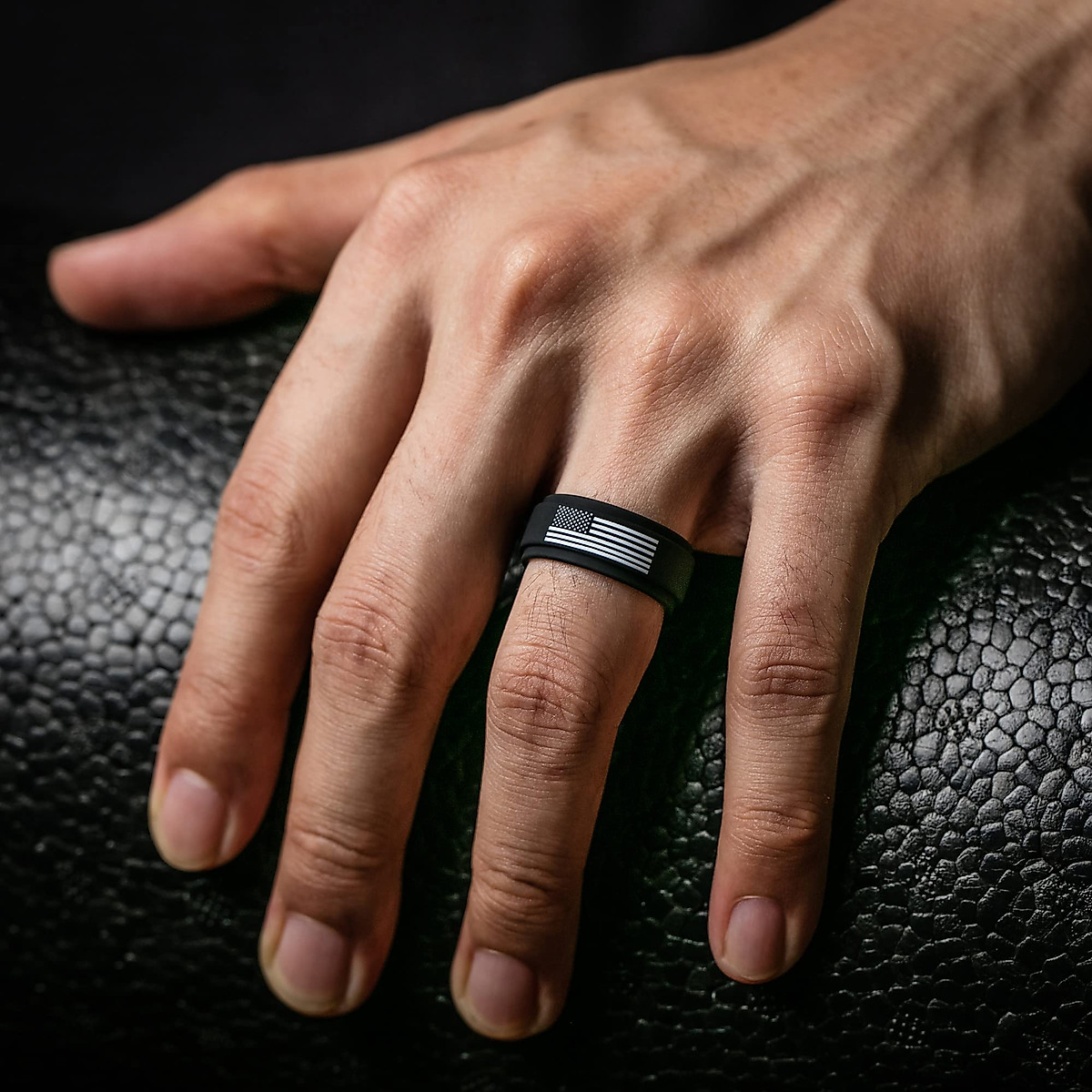 ThunderFit Silicone Wedding Rings for Men, Breathable Airflow Pattern 9mm Wide 2mm Thick - 1/4/5/8 Variety Multipack (Black-Black with Flag - Size 10.5-11 (20.6mm))