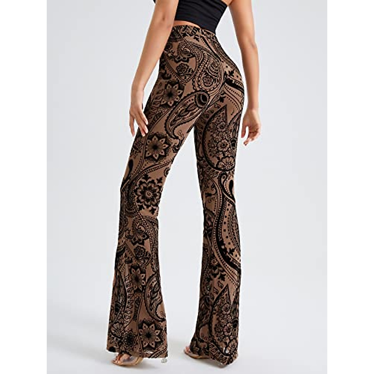 OYOANGLE Women's Bootcut High Waisted Yoga Pants Floral Print Wide Leg Pants Trousers Brown Floral L