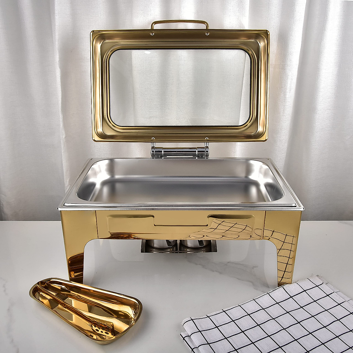 HONHPD 10L Gold Stainless Steel Buffet Stove, Heating Square Heat Preservation Stove Chafing Dish Hydraulic Glass Cover Buffet Stove, Suitable For Hotels, Restaurants, Parties