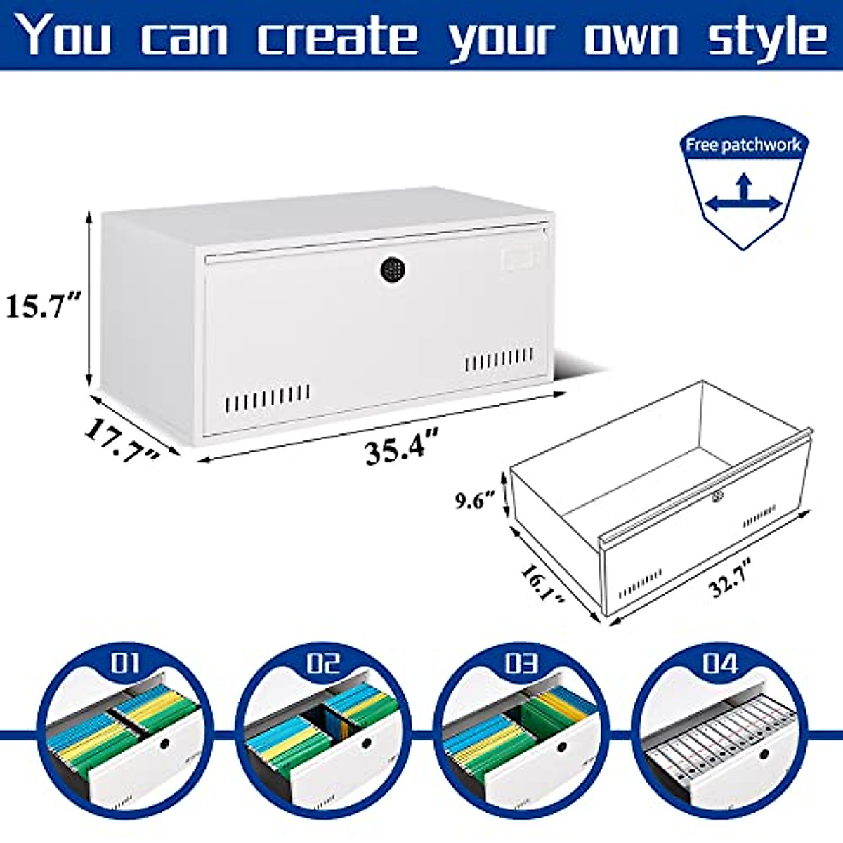 kingwolfox Lateral File Cabinet with Smart Lock, Large Lateral Filing Cabinet for Home Office, Metal Safe File Cabinet, Lockable Storage File Cabinet for Legal/Letter A4/F4 Size Files(White 1 Piece)