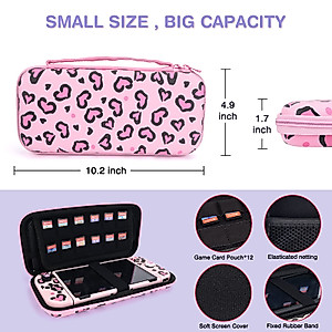DLseego Pink Love Leopard Carrying Case for Switch OLED, Cute Silicone Protective Soft Cover with 4PCS Thumb Grip Caps and Pink Plush Heart Pendant Hard Storage Case Accessories Kit Bundle for Girls