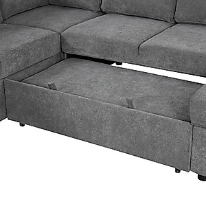 Acosure 109" U-shaped Sectional Pull-out Sofa Bed with Storage Chaise,2-in-1 Convertible Couch W/ 4 Back Pillows & 2 USB Ports,Luxurious Sleeper Furniture Set for Living Room Large Space,Grey Chenille