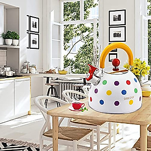 SHANGZHER Cute Tea Kettle Stovetop Whistling Colorful Polka Dots Kettle Stainless Steel Tea Pot Foldable Handle (Polka dots 2.6 Quart / 2.5 Liter)
