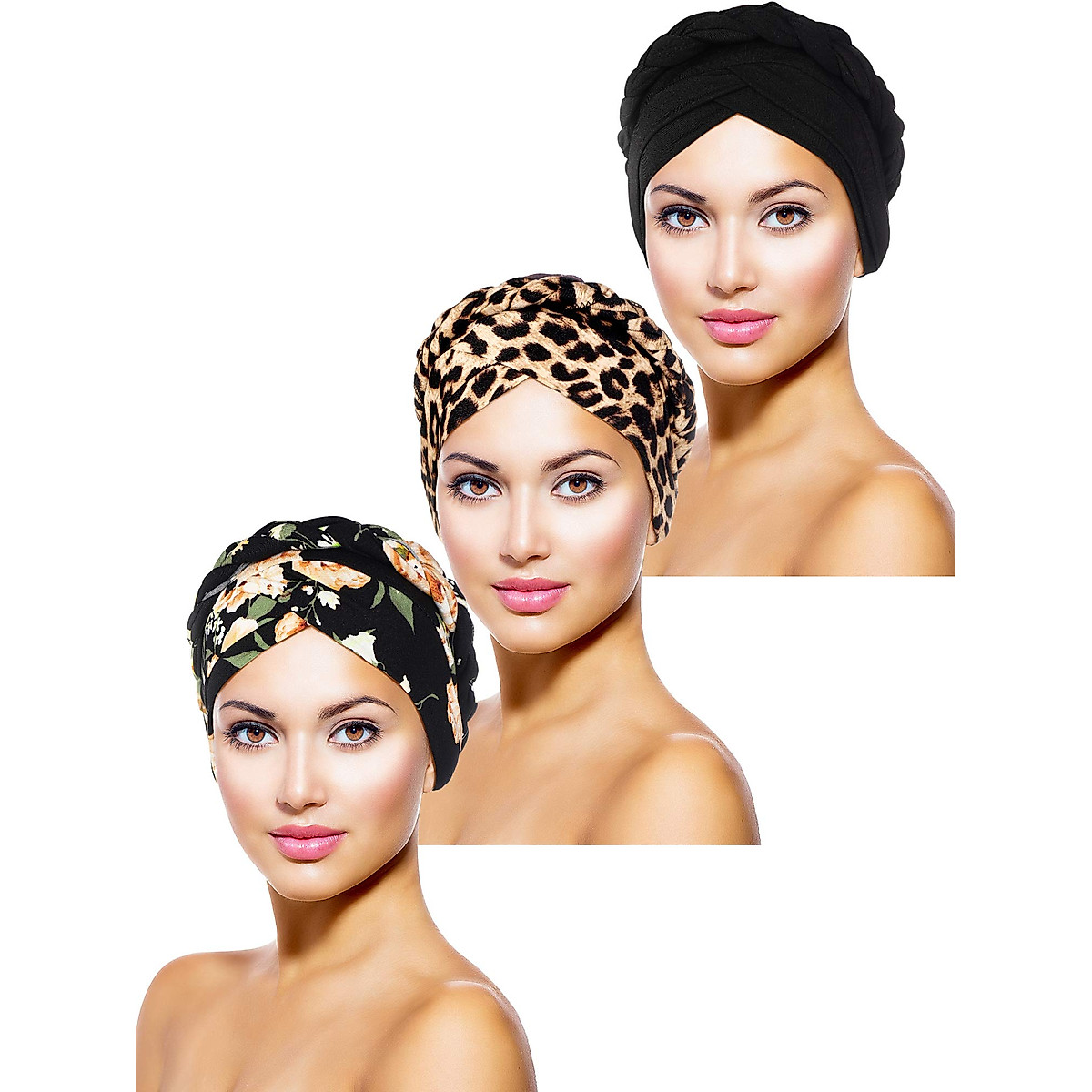 3 Pieces Women Turban Head Wrap Pre-Tied Bonnet Beanie Hat Sleeping Cap Headwrap (Retro Pattern) Multicoloured