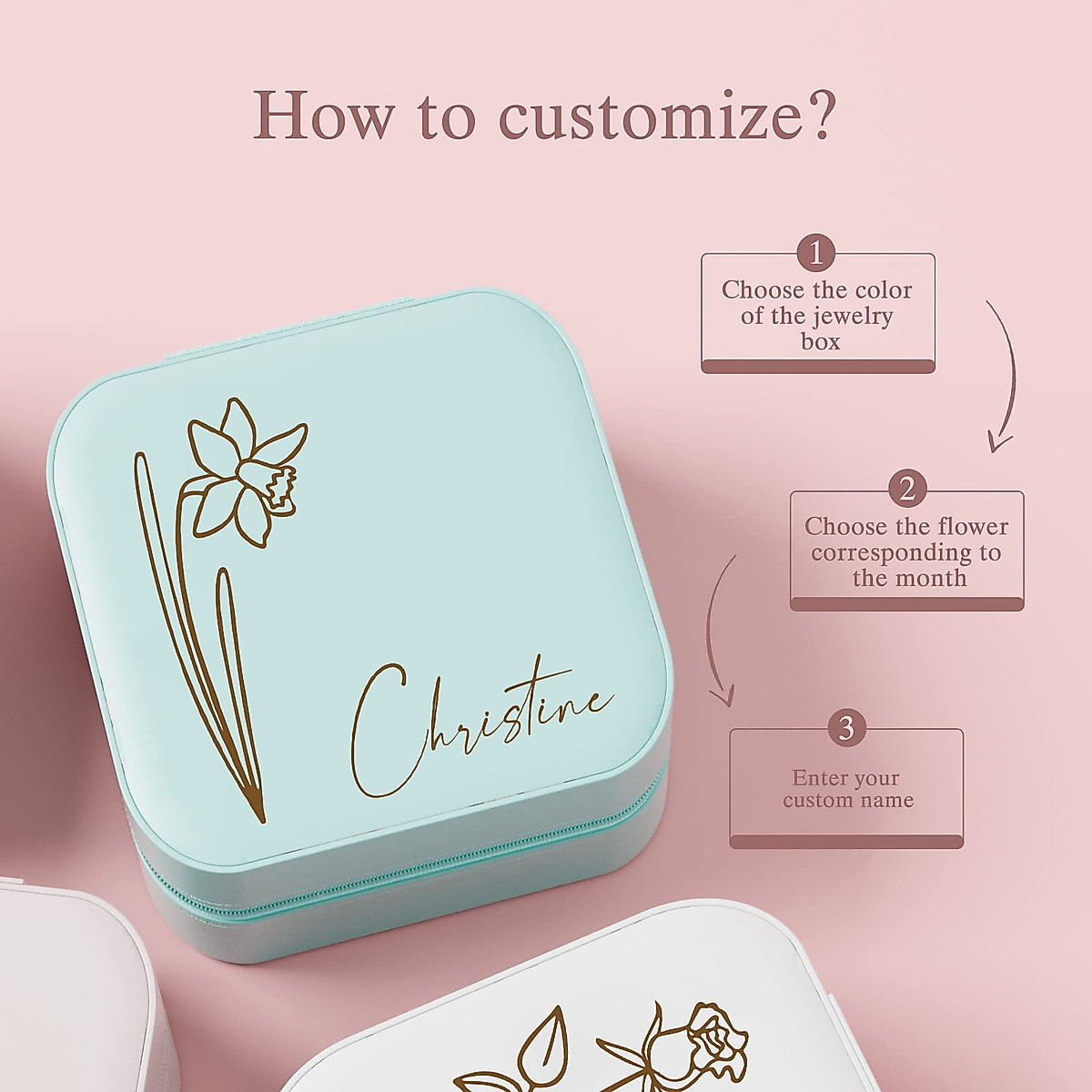 Personalized Jewelry Box - Custom Gifts for Women, Portable Small Travel Jewelry Case with Birth Flower & Name, Bridesmaid Gifts, Wedding Gifts, Gifts for Birthday Anniversary for Women Mom Girls
