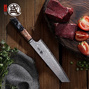 MITSUMOTO SAKARI 8 inch Japanese Kiritsuke Chef Knife, Hand Forged Japanese Sushi Knife, AUS-10 Premium Damascus Steel Kitchen Cooking Knife (Shadowwood Pomegranate Handle & Gift Box)