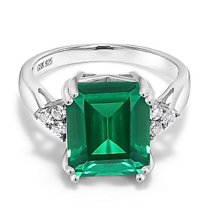 Gem Stone King 925 Sterling Silver 12X10MM Emerald Cut Gemstone Birthstone Engagement Ring | Wedding Anniversary Promise Ring For Women | Available In Size 5, 6, 7, 8, 9