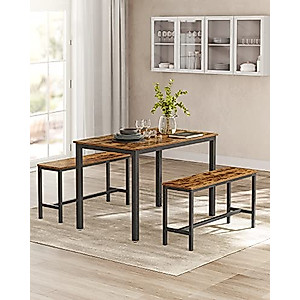 VASAGLE Dining Table Set, Bar Table with 2 Dining Benches, Kitchen Table Counter with Chairs, Industrial for Kitchen Breakfast Table, Living Room, Party Room, Rustic Brown and Black UKDT070B01