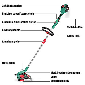 HYPERECHO Battery Weed Wacker, 40V 14 inch Cordless Brushless String Trimmer, Auto-Feed Lines Weed Eater with Adjustable Handle and Height, 2 * 2.0Ah Battery & Fast Charger Included