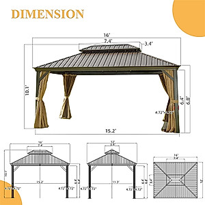 RITSU 12'x16' Gazebo, Outdoor Aluminum Gazebos Grill with Hardtop Galvanized Steel Double Canopy with Bugs Netting, Privacy Curtains for Patios Deck Backyard