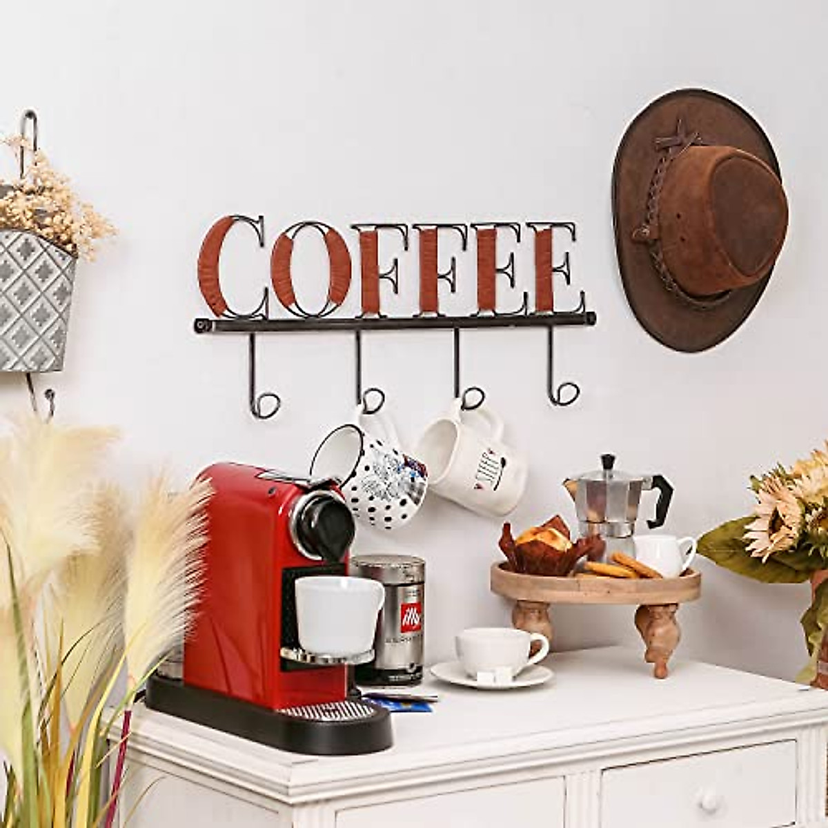 NIKKY HOME Coffee Mug Wall Rack, Metal Coffee Cup Holder Wall Mounted with 4 Hooks and Rustic Leather Mug Holder Coffee Word Sign and Cutout Design