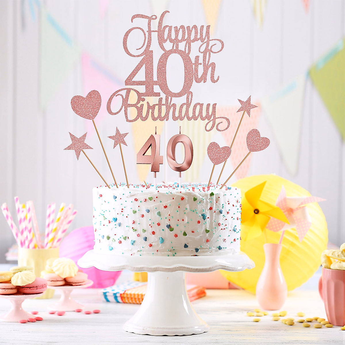 Lecferrarc 40th Birthday Cake Decorations, 40th Birthday Candles Cake Numeral Candles and Glitter Happy 40th Birthday Cake Toppers Set for Birthday Party Supplies (Rose Gold)