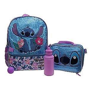 Disney Lilo & Stitch Girls 4 Piece Backpack Set, Blue Flip Sequin School Travel Bag with Front Zip Pocket, Mesh Side Pockets, Lunch Box, Water Bottle, and Squish Ball Dangle
