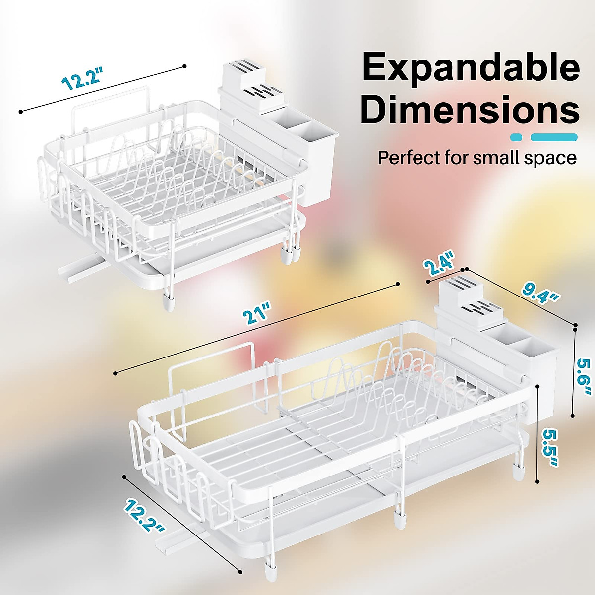 YKLSLH Expandable Dish Drying Rack Dish Racks for Kitchen Counter, Space Saving Dish Rack,Durable Kitchen Drying Rack with Drainboard, Glass Holder, Utensil Holder - White