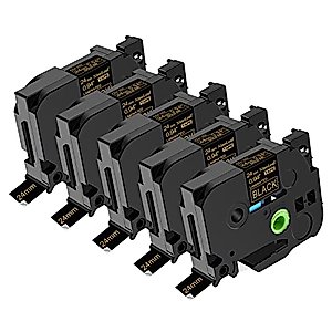 NineLeaf 5 Pack Compatible for Brother TZe354 TZe-354 TZ-354 TZ354 Label Tape Gold on Black Standard Laminated Tapes 24mm Work with P-Touch PT-D600 P710BT 1500 1600 Label Maker 1 Inch x 26.2 Feet