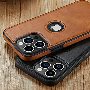 Casus Designed for iPhone 14 Pro Max Case Vegan Leather Slim Logo View Classic Luxury Elegant Thin Protective Cover (2022) 6.7" - Golden Brown