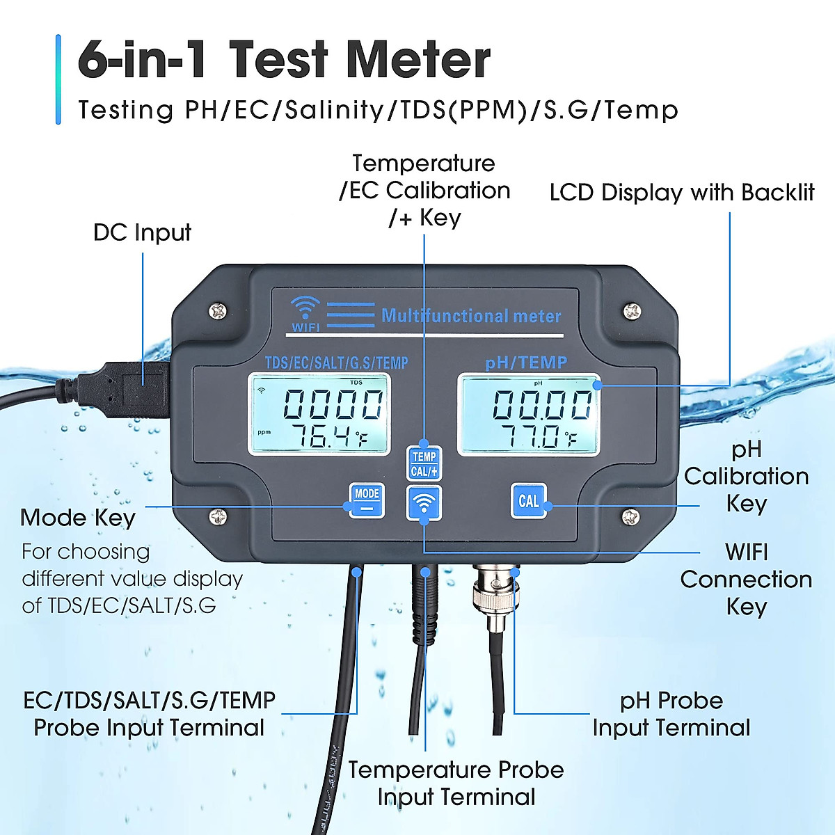 Yescom Water Quality Tester 6 in 1 Multi-Parameter Test Meter PH/EC/Salt/TDS(PPM)/Temp/S.G Analyzer Wall-Mount Rechargeable