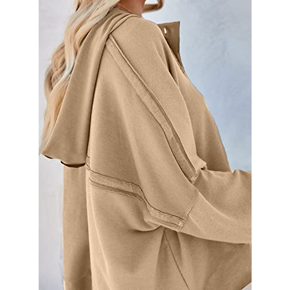 Dokotoo Casual Loose Long Sleeve Hoodies for Women Fashion Solid Button Down Batwing Sleeve Hooded Sweatshirt Khaki Large