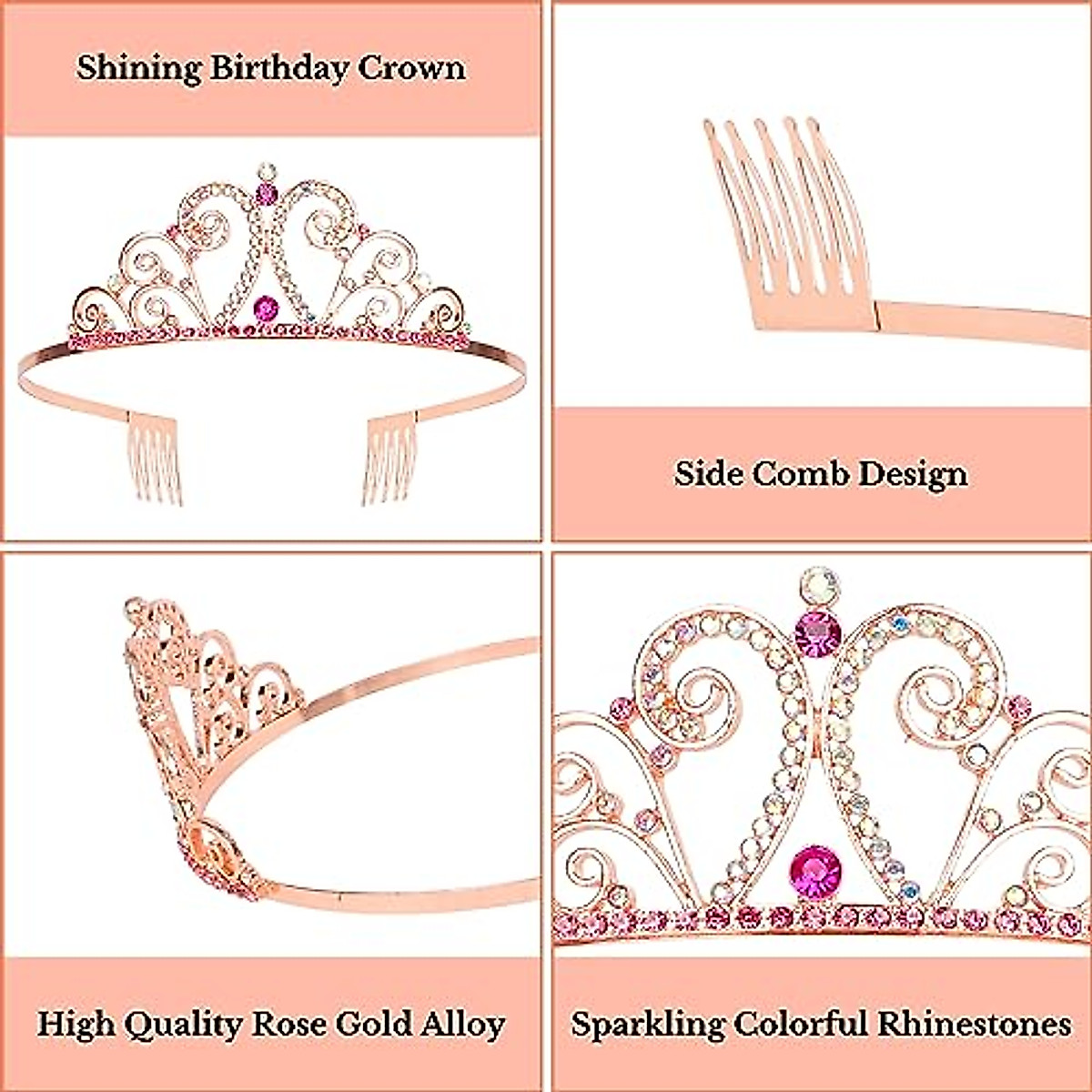 BAHABY Birthday Crown for Women It's My Birthday Sash & Rhinestone Tiara Set Birthday Sash and Tiara for Women Rhinestone Headband for Girl Glitter Crystal Hair Accessories for Party - Rose Gold