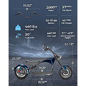 Eahora DOT Approved M1P 37Mph 2000W Electric Motorcycle for Adults, 60V 30ah Lithium Battery 40Miles Electric Scooter, 12in Vacuum Tires Full Suspension for Urban Commuting, 1-2 Person