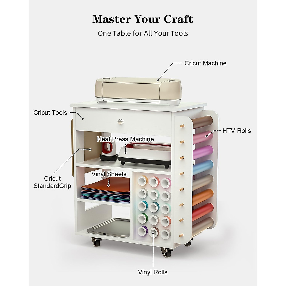 Rolling Craft Cart and Storage Table for Cricut - VDamu Vinyl Roll Holder and Craft Room Organizer