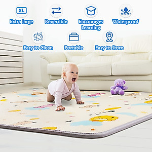 Bubbtots Baby Play Mat, Large and Reversible Waterproof Padded Foam Playmat for Babies and Toddlers, Animals and Nature, 69"x59"x0.6"