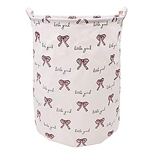 Jacone Large Laundry Basket Canvas Fabric Waterproof Cylindric Laundry Hamper Storage Basket with Handles, Decorative and Convenient for Kids Bedroom (Bowknot)