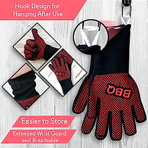 1472℉ Extreme Heat Resistant Grill Gloves - 14'' Food Grade Kitchen Oven Mitts, Silicone Non-Slip Cooking Gloves for Barbecue (Pair)
