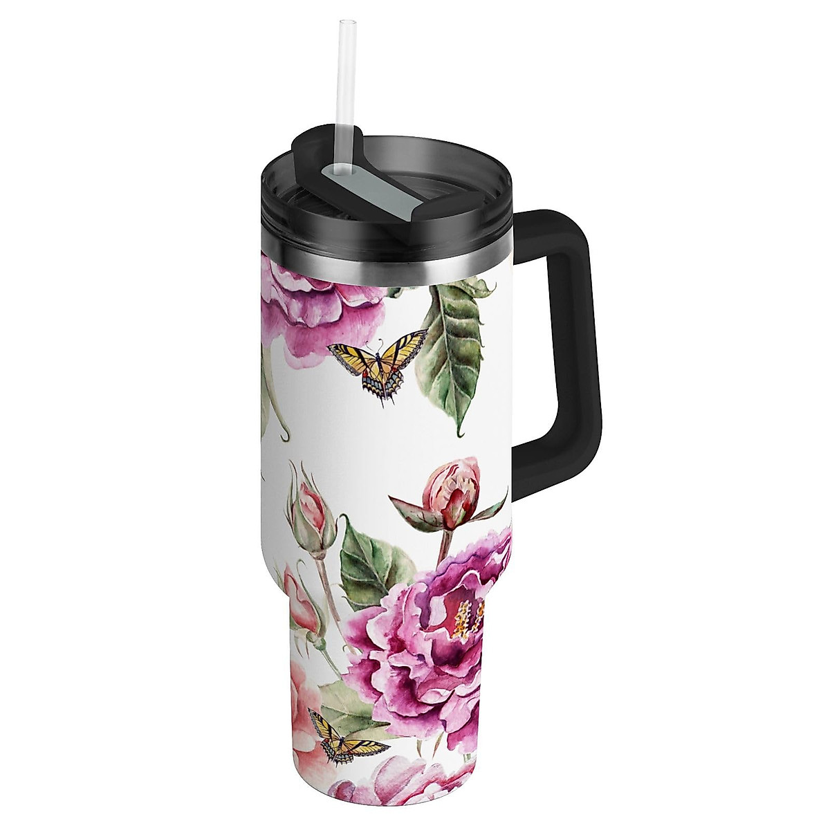 Yasala Car Tumbler with Handle Peony Butterfly Watercolor Travel Mug Coffee Cup Insulated Beverage Container Mega Cup for Hot Cold Drinking Thermos Water Bottle Cupholder Friendly 40 oz