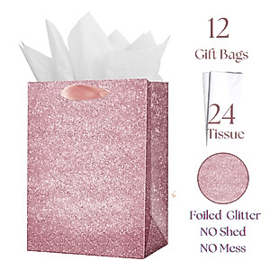 UNIQOOO 12Pcs Embossed Pink Glitter Gift Bags with 24 Tissue Paper Bulk, M 9x7 In, Rose Gold Gift Wrap Bags, Wedding Bridal Favor Bag Gift Packaging, For Christmas, Baby Shower Birthday Holiday Party