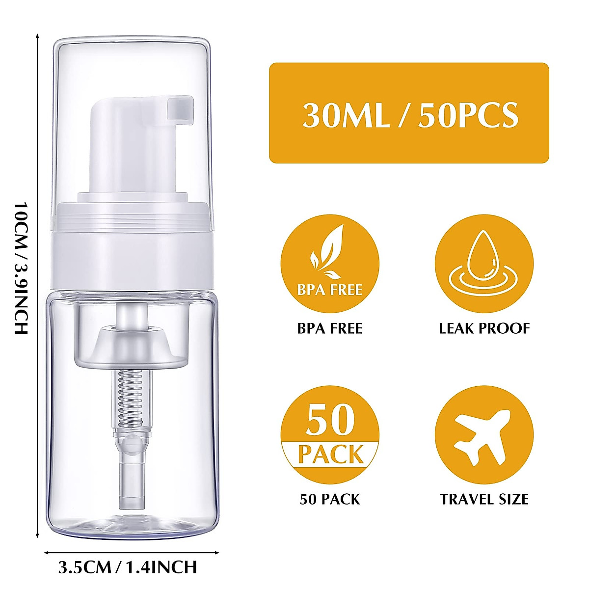 50 Pack Foam Pump Bottle 1oz/ 30ml Refillable Dispenser Travel Size Plastic Mini Foam Pump Bottle Lash Shampoo Bottles Portable Clear Mini Foaming Bottle for Shampoo Cleaning Lash Cosmetics Packaging