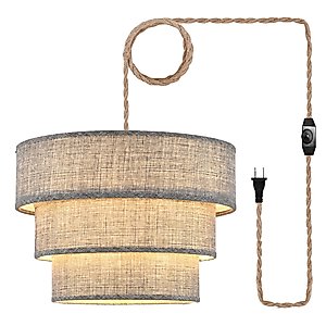 XININSUN 3-Tier Drum Plug in Pendant Light,Hanging Lamp with Dimmable Switch 15ft Hemp Rope Cord, Hanging Lights Fixture with Plug in Cord Plug in Chandelier for Bedroom Dining Room Entryway...