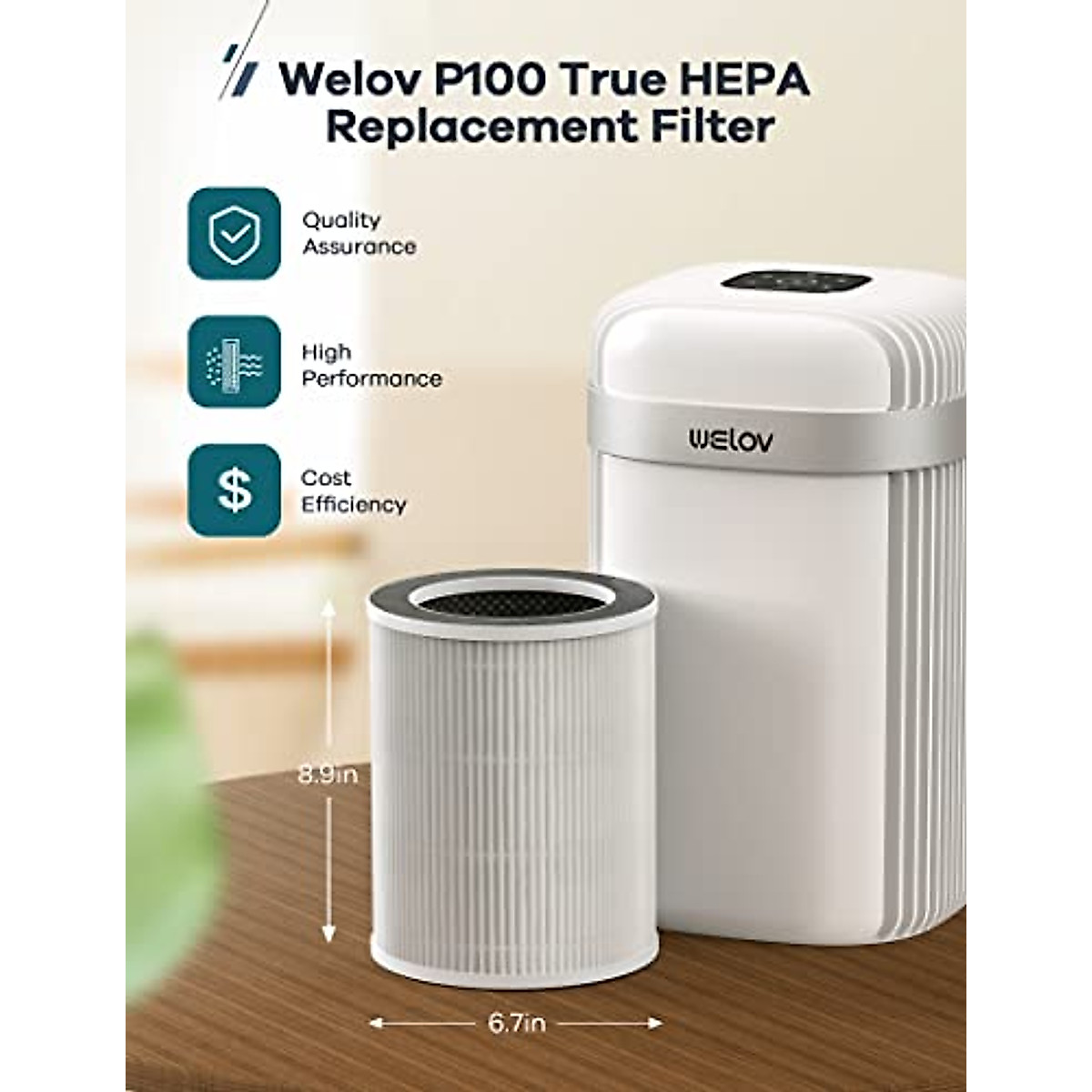 WELOV P100 / P100 Pro Air Purifier Replacement Filter, 3-in-1 H13 True HEPA and High-Efficiency Activated Carbon Filter for Pet Dander Hair Pollen Dust Mite Smoke Kitchen Odor