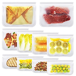 WATOTGAFER Reusable Food Storage Bags, 10 Pack BPA Free Reusable Freezer Bags, Extra Thick Leakproof Food Grade Silicone Lunch Food Bags for Meat Veggies 2 Gallon Bags 4 Sandwich Bags 4 Snack Bags