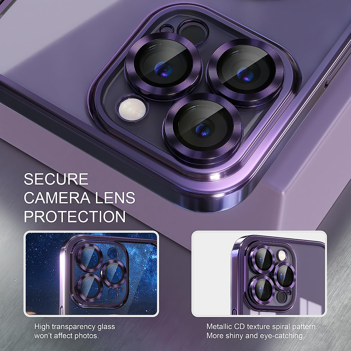 QVLANG Magnetic Clear Case for iPhone 14 Pro Max Case [Compatible with MagSafe] [Full Camera Lens Protection] [2 Replaceable Glitters] Luxury Shiny Cover for Women Girls (6.7") - Deep Purple