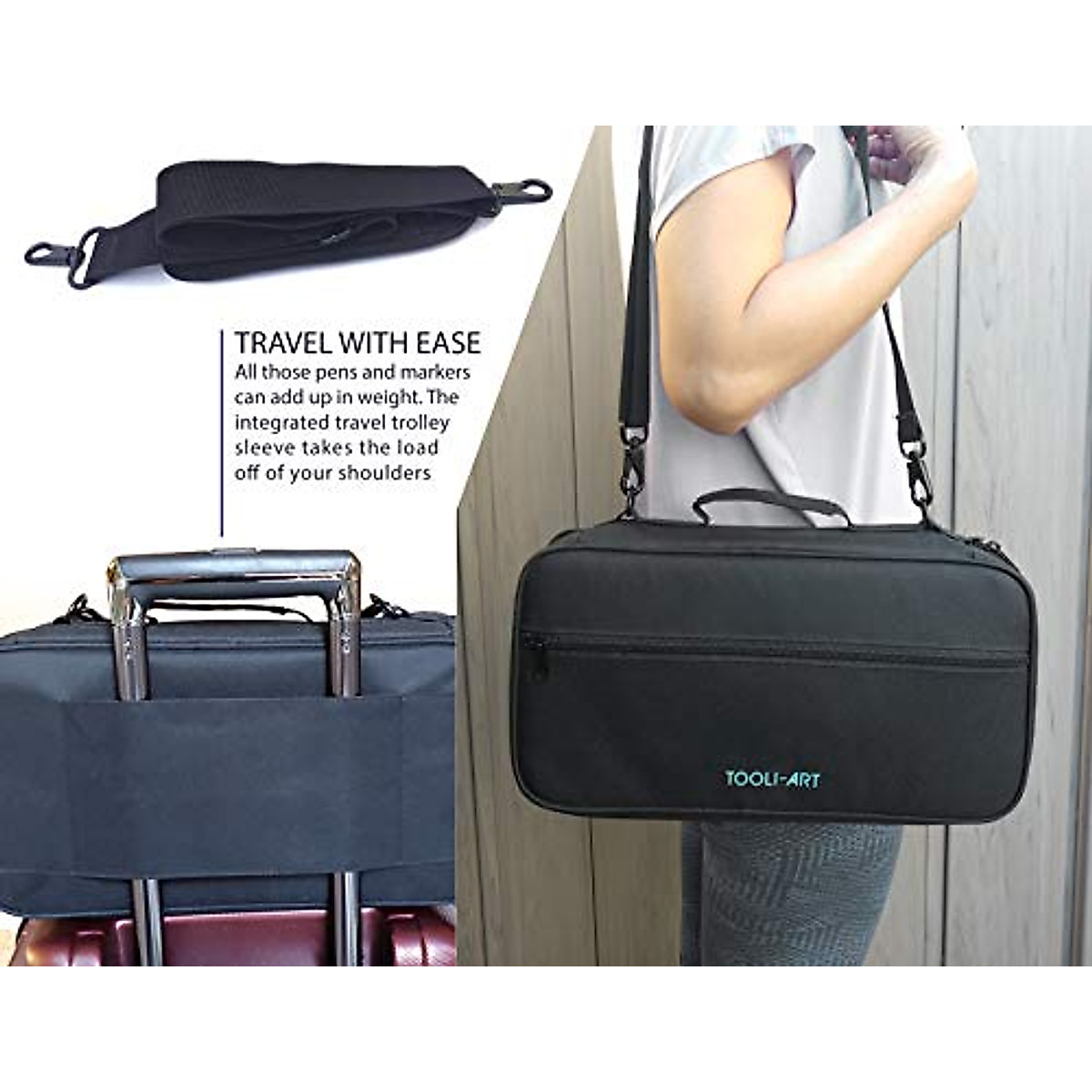 TOOLI-ART Marker & Pen Carrying Case -120 Slots, Canvas, Extra Pockets, Trolley Sleeve, Removable Shoulder Strap, For Most Markers (up to 15mm Diameter), Lipstick, Etc. Black