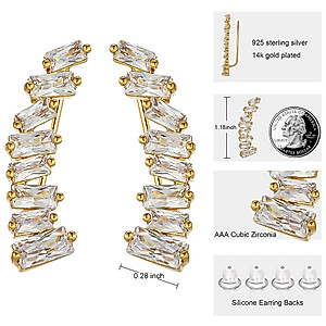 AMORAMOR & FOREVER Sterling Silver Ear Climbers Earrings For Women 14K White Gold Plated Ear Cuff Crawler Earrings For Women Hypoallergenic 8 Square CZ Cubic Zirconia Studs (Yellow Gold + Clear)
