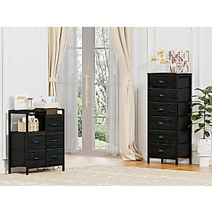 Furnulem Tall Dresser with 6 Drawers,Vertical Bedside End Table & Chest for Bedroom,Black Storage Tower Dorm Nightstand with Fabric Drawer Organizer Unit Furniture in Living Room,Closet,Hallyway