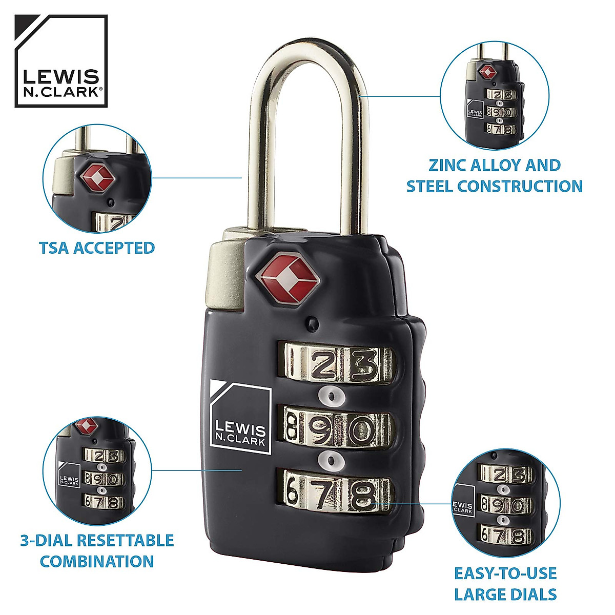 Lewis N. Clark Travel Sentry TSA-Approved Luggage Lock, Large 3 Dial Combination with Easy Read Dials - Black (Pack of 2)
