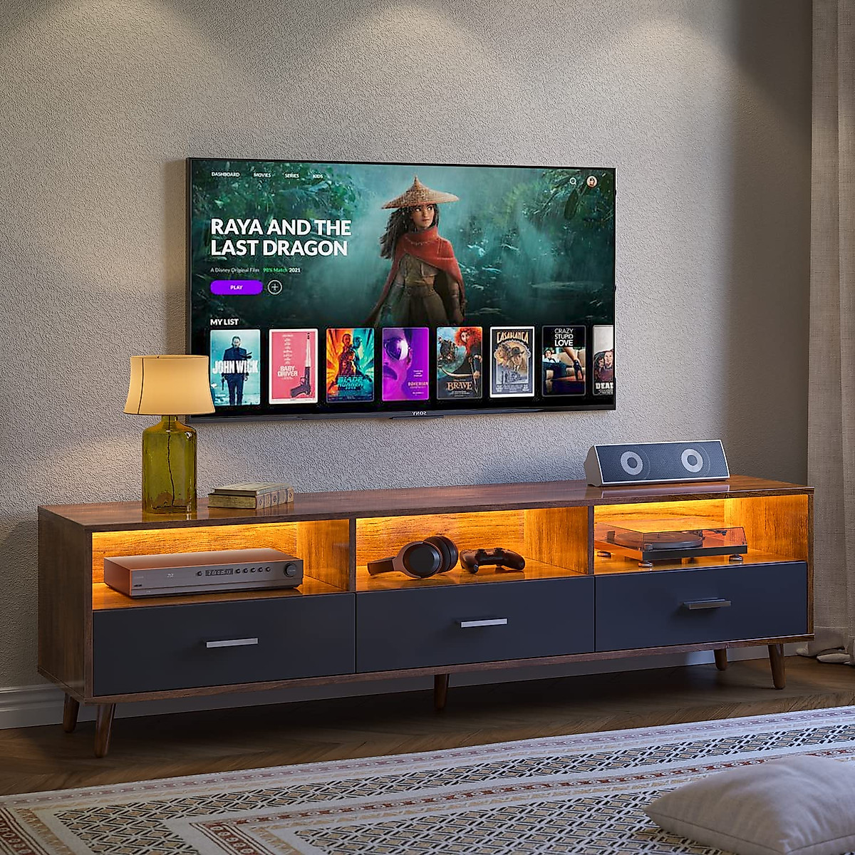 LED TV Cabinet TV Stand, 63 inch Media Console with LED Light, Entertainment Center, for TV up to 70 inch, Storage Cabinet TV Console for Living Room, Walnut Color